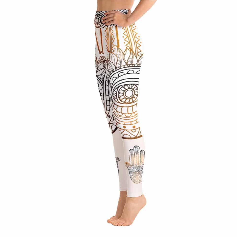 Hamsa Hand Ethnic Pattern Yoga Pants Beige High Waist Leggings