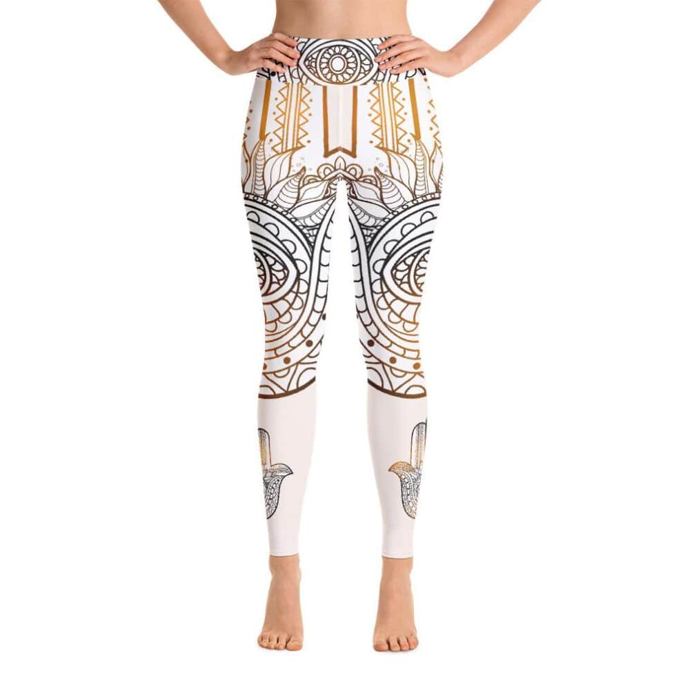 Hamsa Hand Ethnic Pattern Yoga Pants Beige High Waist Leggings