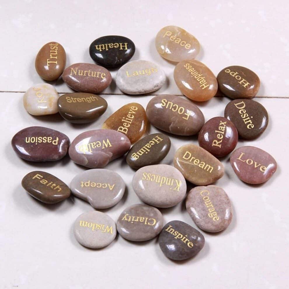 Inspirational River Stones 25 PCS Set Carved Tumbled Chakra Reiki Healing