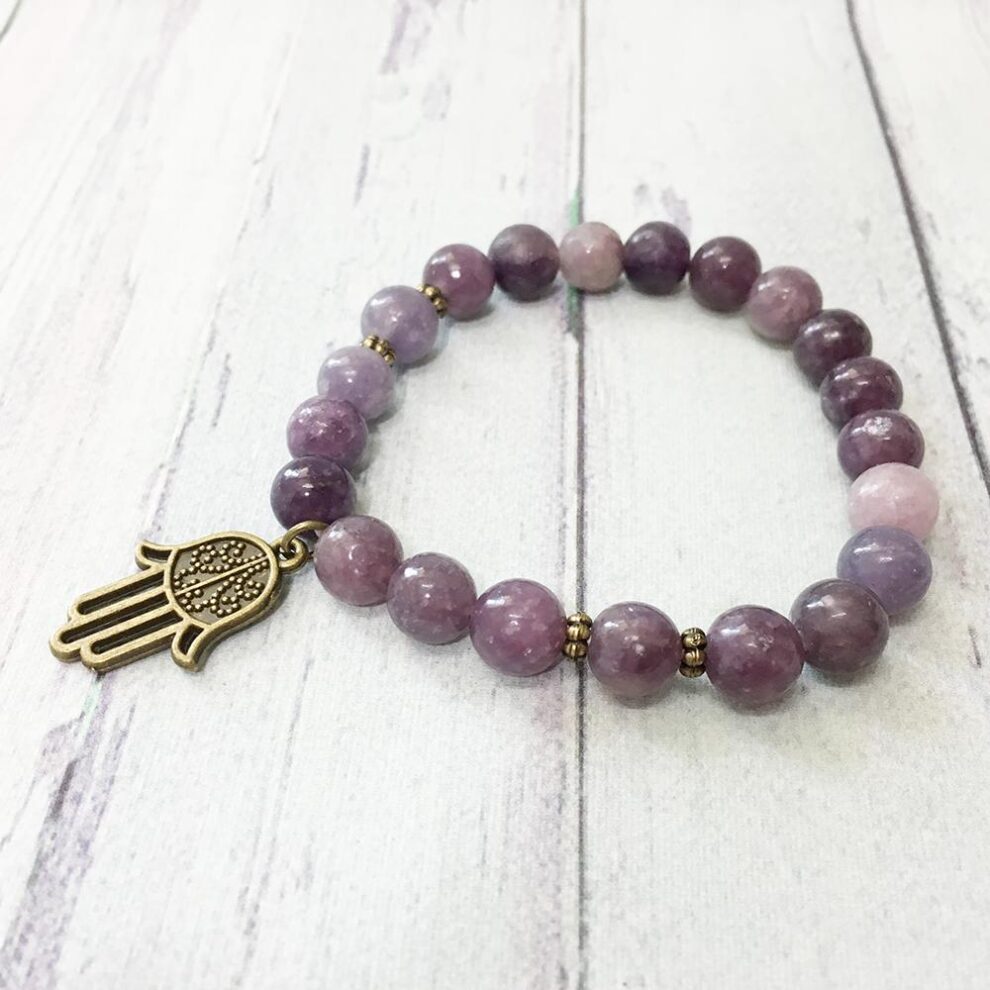 Natural Lepidolite 8mm Stone Beads Third Eye Chakra Bracelet Hamsa Charm