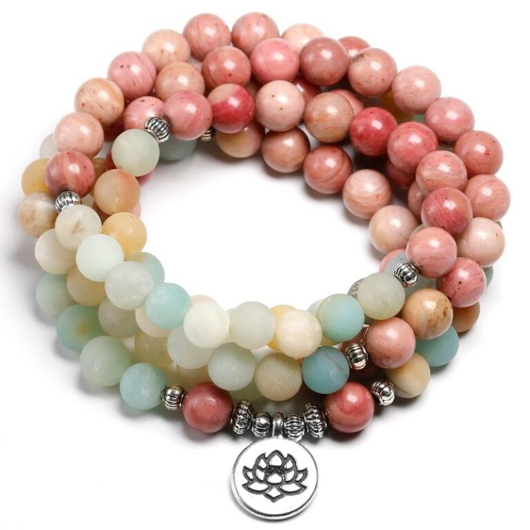 Natural Rhodochrosite Amazonite Stone Lotus Flower Mala Beads Necklace