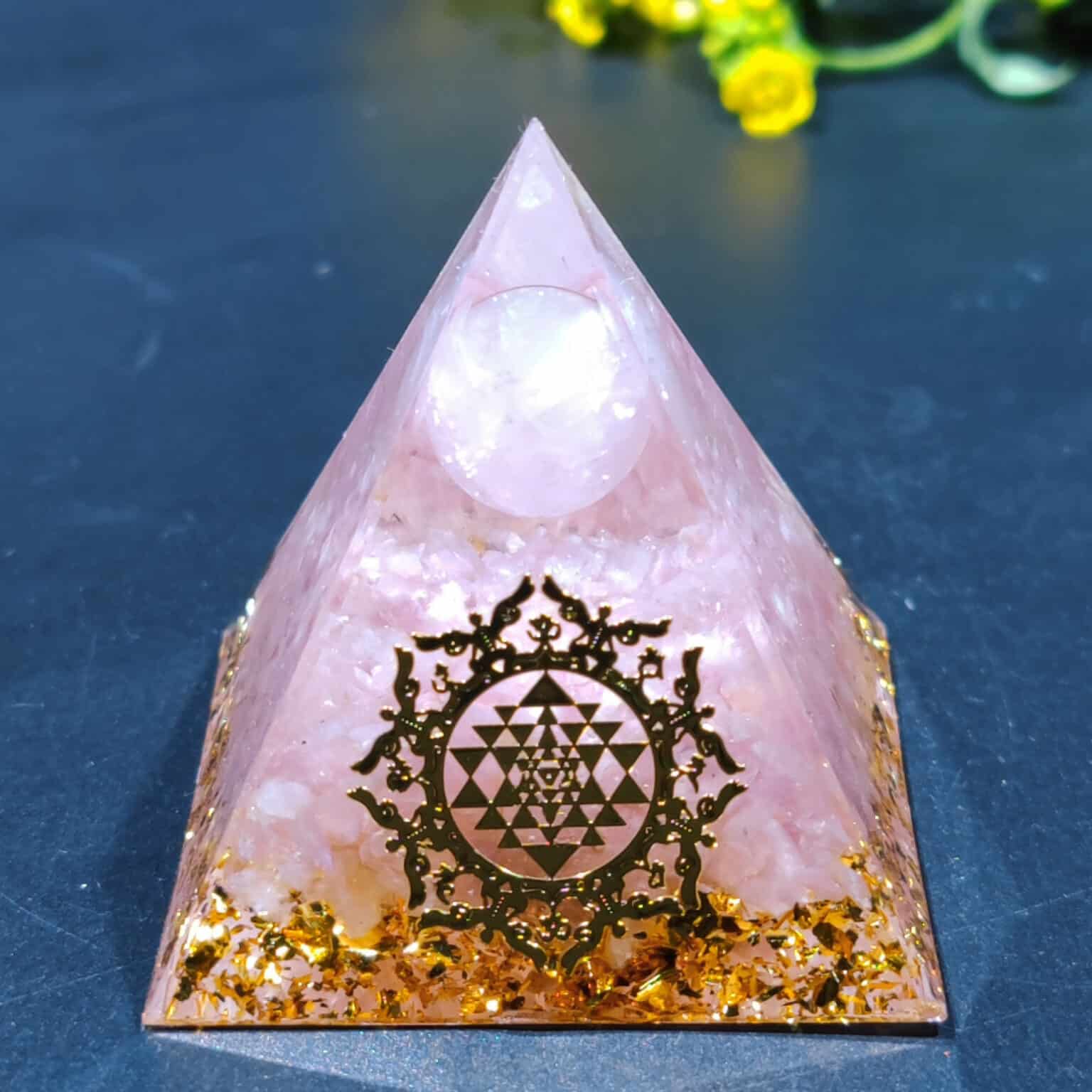 Sri Yantra Symbol Rose Quartz Orgone Chakra Pyramid - Chakra Galaxy