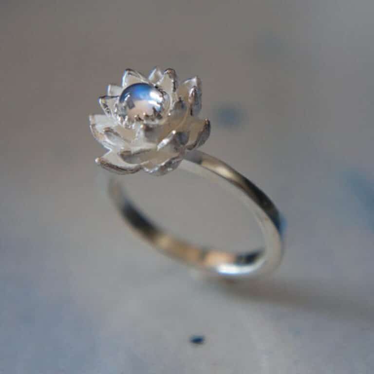 White Moonstone Crystal Silver Lotus Flower Ring